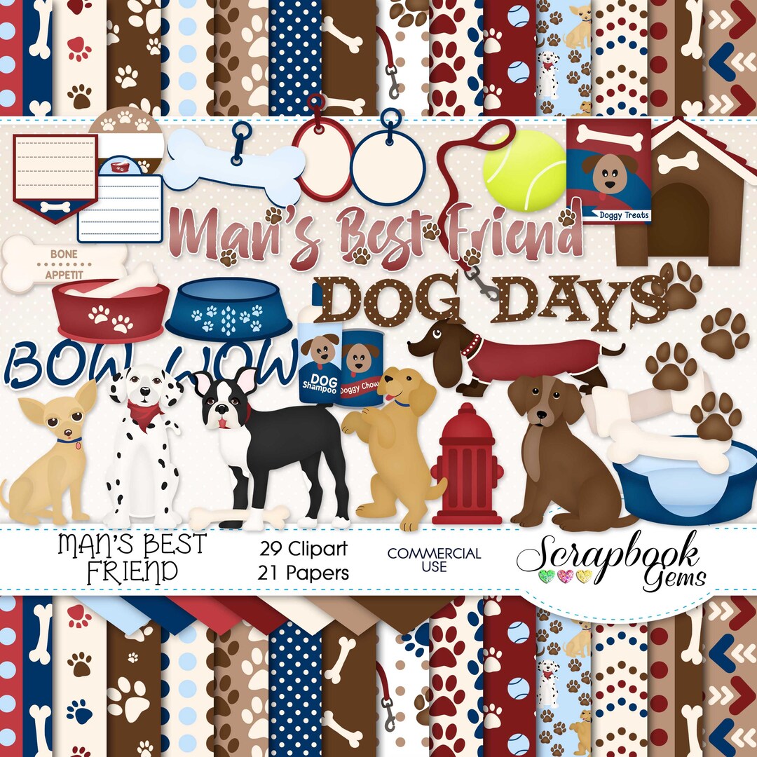 MAN'S BEST FRIEND Clipart & Papers Kit, 29 Png Clip Arts, 21 Jpeg ...