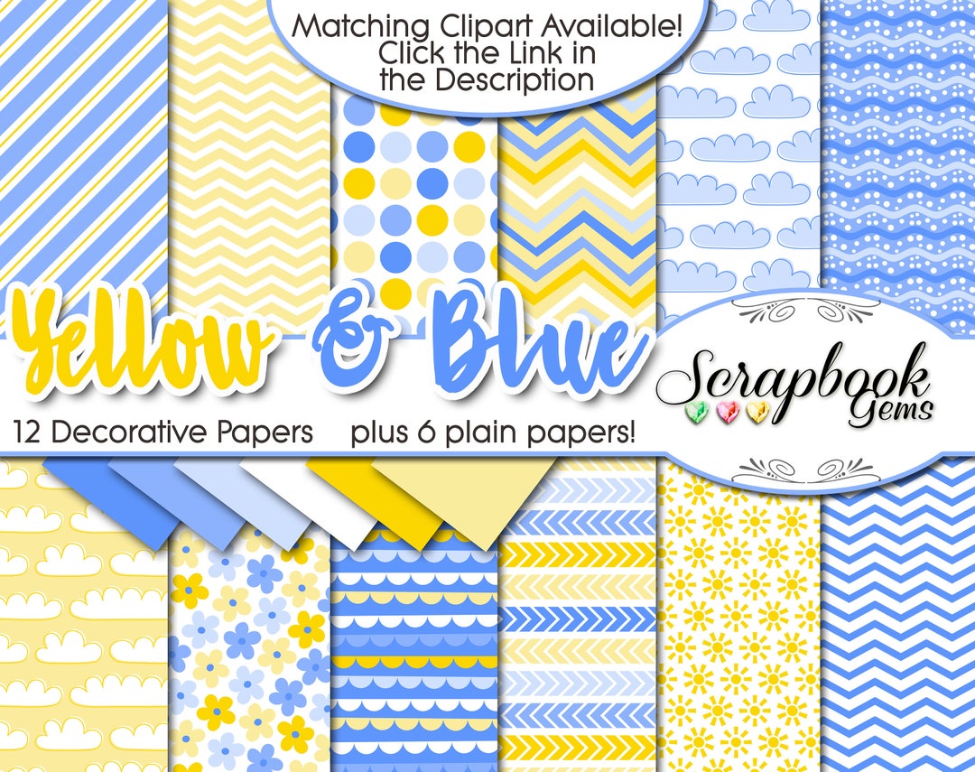 YELLOW & BLUE SUMMERTIME Digital Papers, 18 Pieces, 12" X 12", High ...