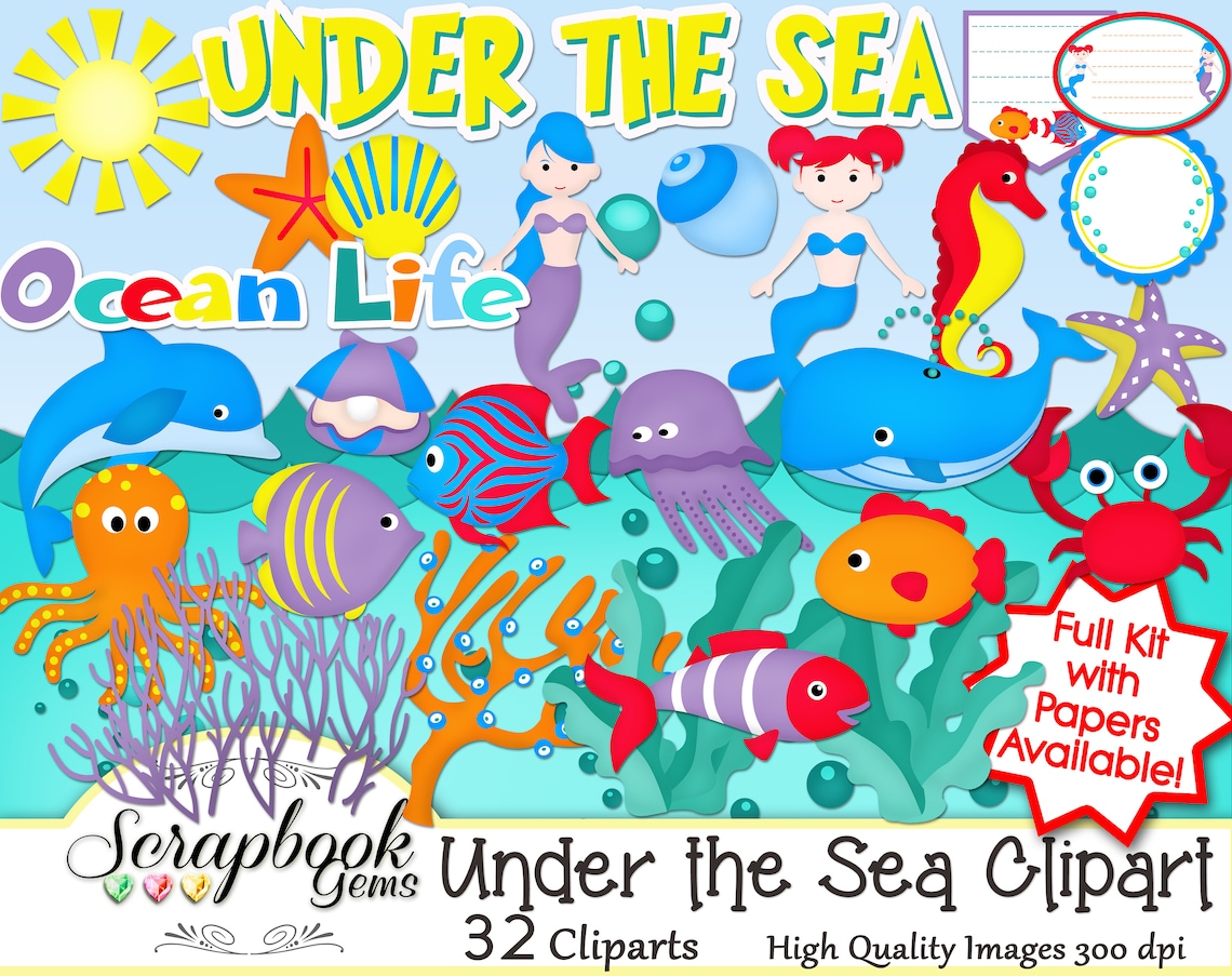 UNDER THE SEA Clipart and Papers Kit 32 Png Clip Arts 22 - Etsy