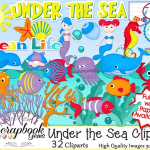 UNDER THE SEA Clipart and Papers Kit, 32 Png Clip Arts, 22 Jpeg Papers ...
