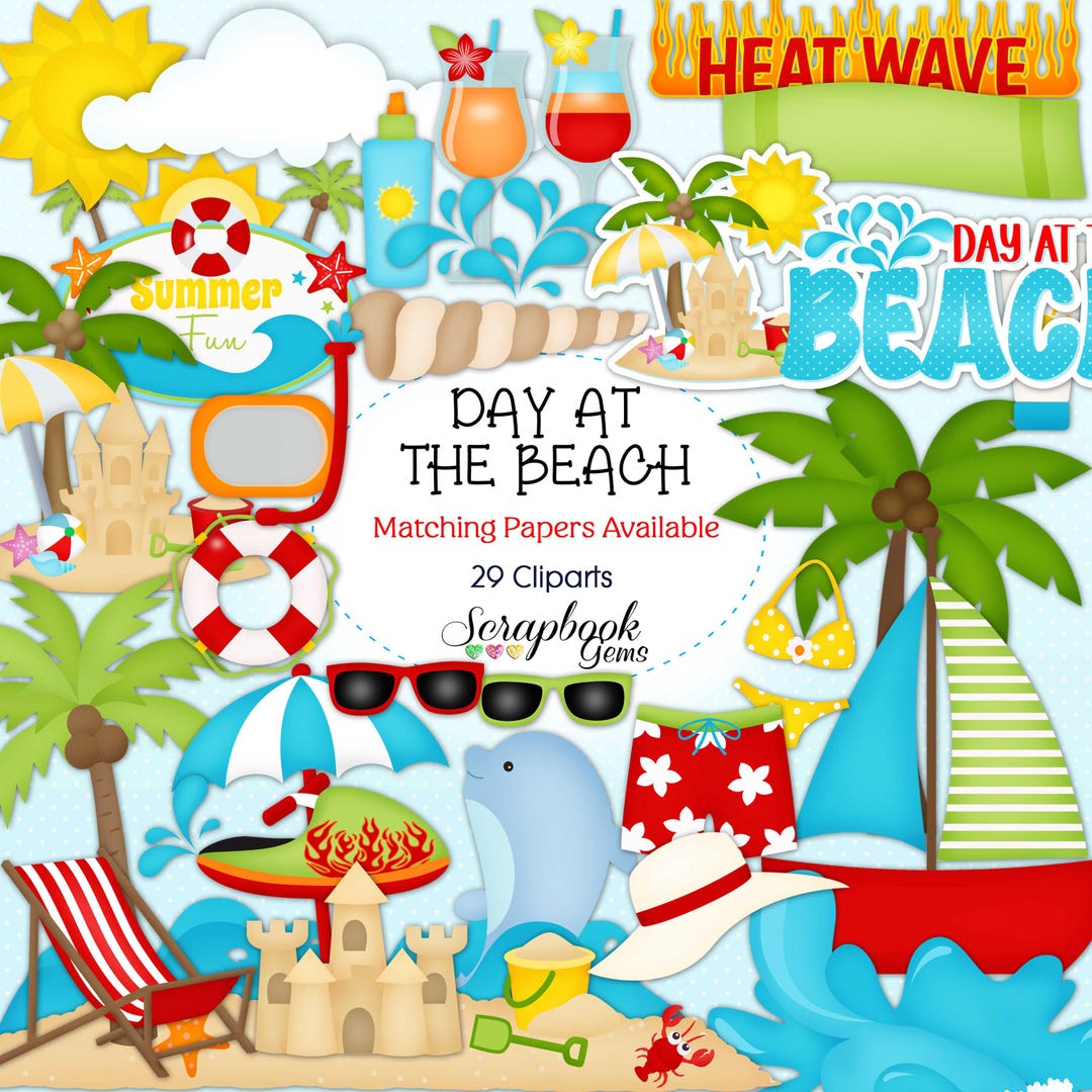 Day at the Beach Clipart, 29 Png Clipart Files Instant Download Sail ...