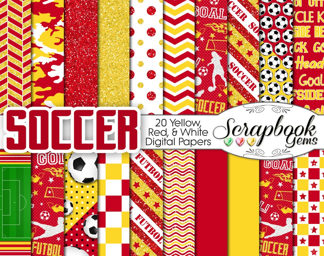 SOCCER Futbol Digital Papers Red, Yellow, & White 20 Pieces, 12" X 12 ...