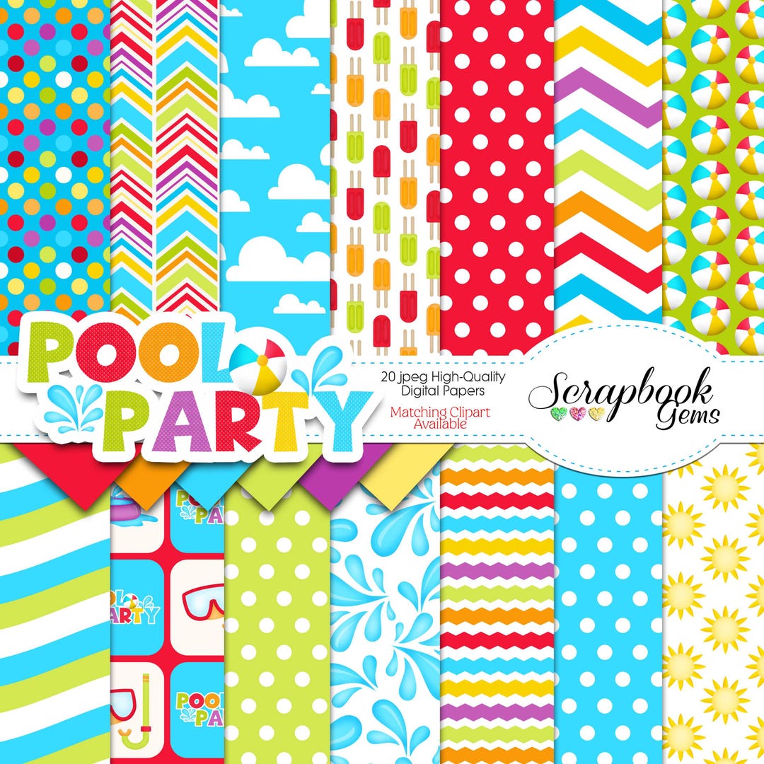 POOL PARTY (kit#1) Digital Papers, 20 Pieces, 12" X 12", High Quality ...