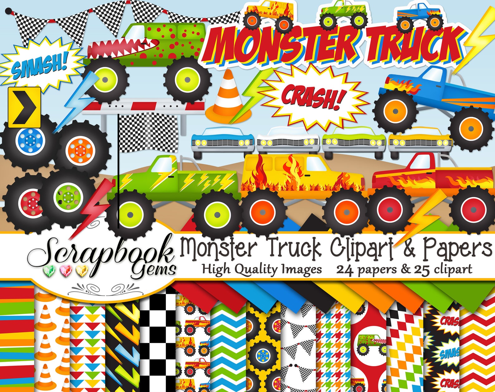 MONSTER TRUCK Clipart and Papers Kit 25 Png Clip Arts 24 - Etsy