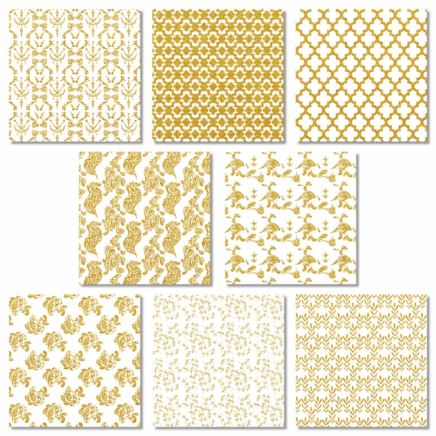 White & Gold Digital Papers SET 2, 16 Pieces, 12" X 12", High Quality ...