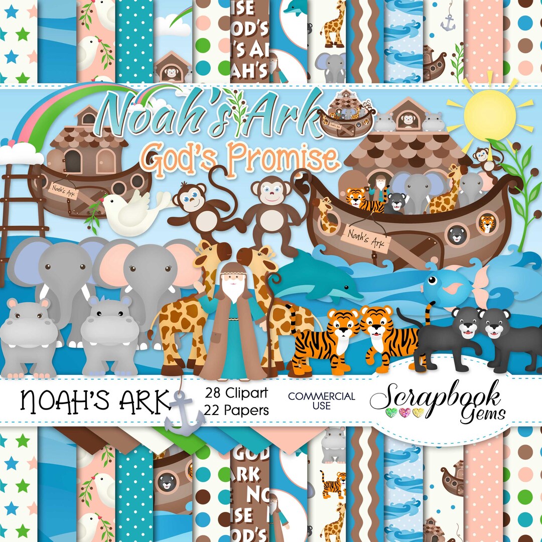 NOAH'S ARK Clipart & Papers Kit, 28 Png Clipart Files, 22 Jpeg Paper ...