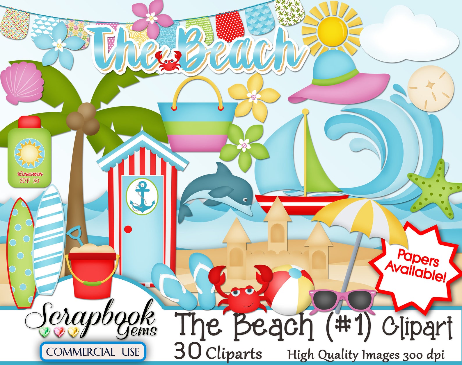 THE BEACH kit 1 Clipart & Papers 30 Png Clipart Files 20 - Etsy