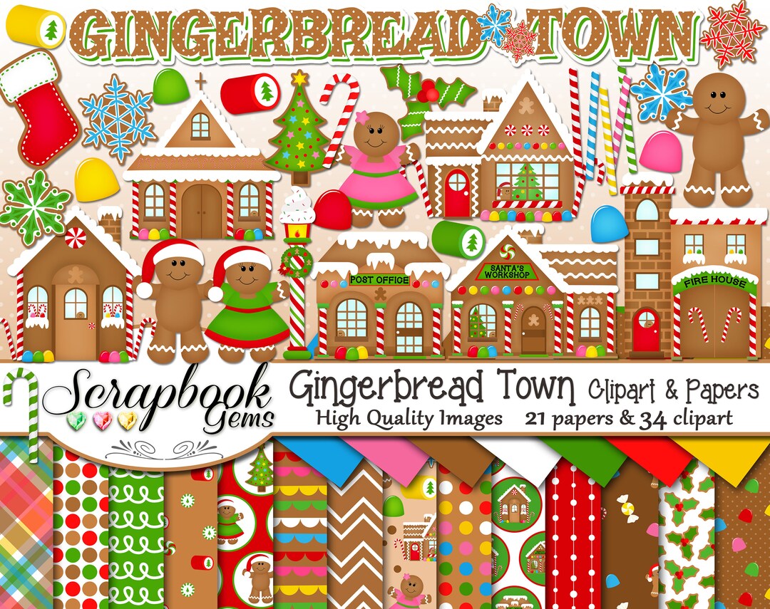 GINGERBREAD TOWN Clipart and Papers Kit, 34 Png Clip Arts, 21 Jpeg ...