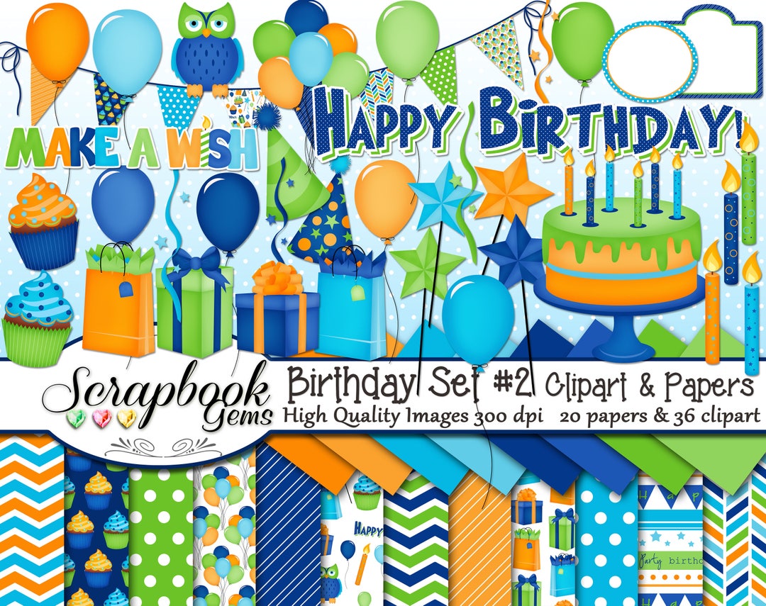 BIRTHDAY Set 2 Clipart and Papers Kit, 36 Png Clip Arts, 20 Jpeg Papers ...