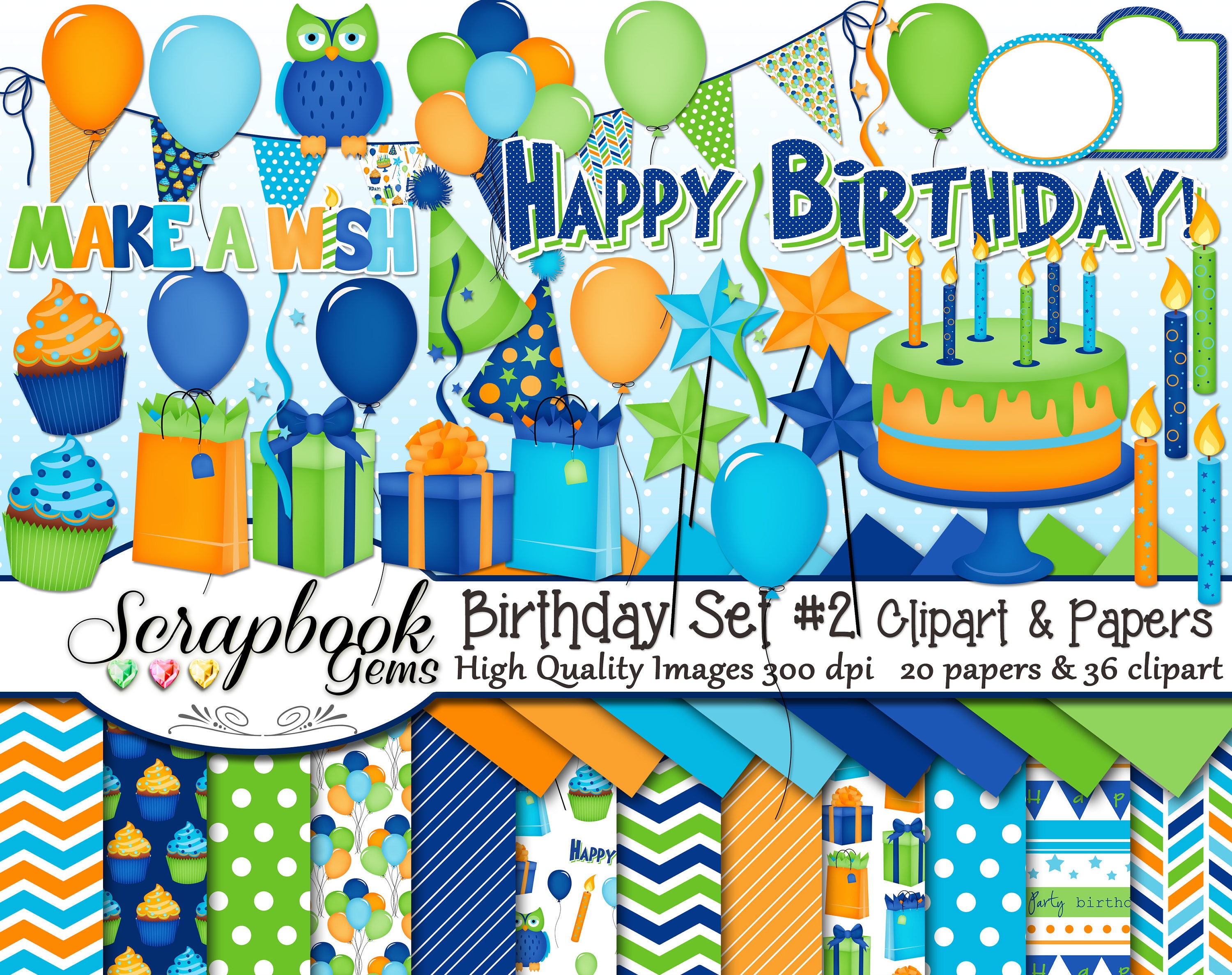 BIRTHDAY Set 2 Clipart and Papers Kit 36 Png Clip Arts 20 - Etsy