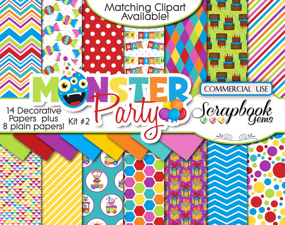 MONSTER PARTY Kit 2 Digital Papers, 22 Pieces, 12 X 12, High Quality ...