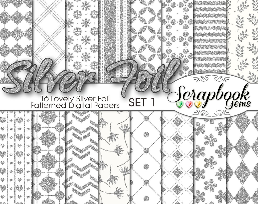 White & Silver Digital Papers SET 1, 16 Pieces 12" X 12", High Quality ...
