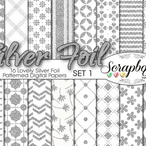 White & Silver Digital Papers SET 1, 16 Pieces 12" X 12", High Quality ...