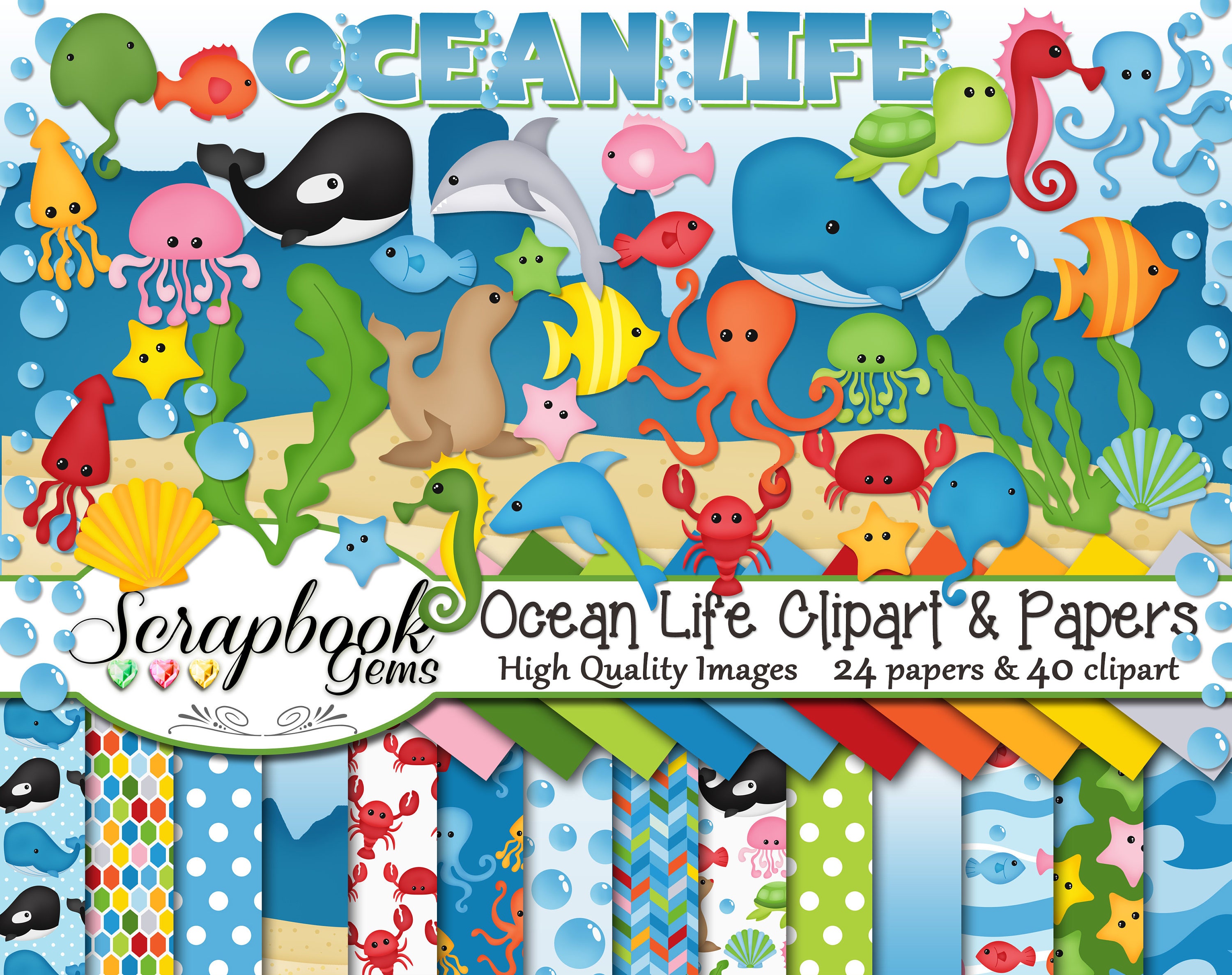 OCEAN LIFE Clipart and Papers Kit 40 Png Clip Arts 24 Jpeg - Etsy