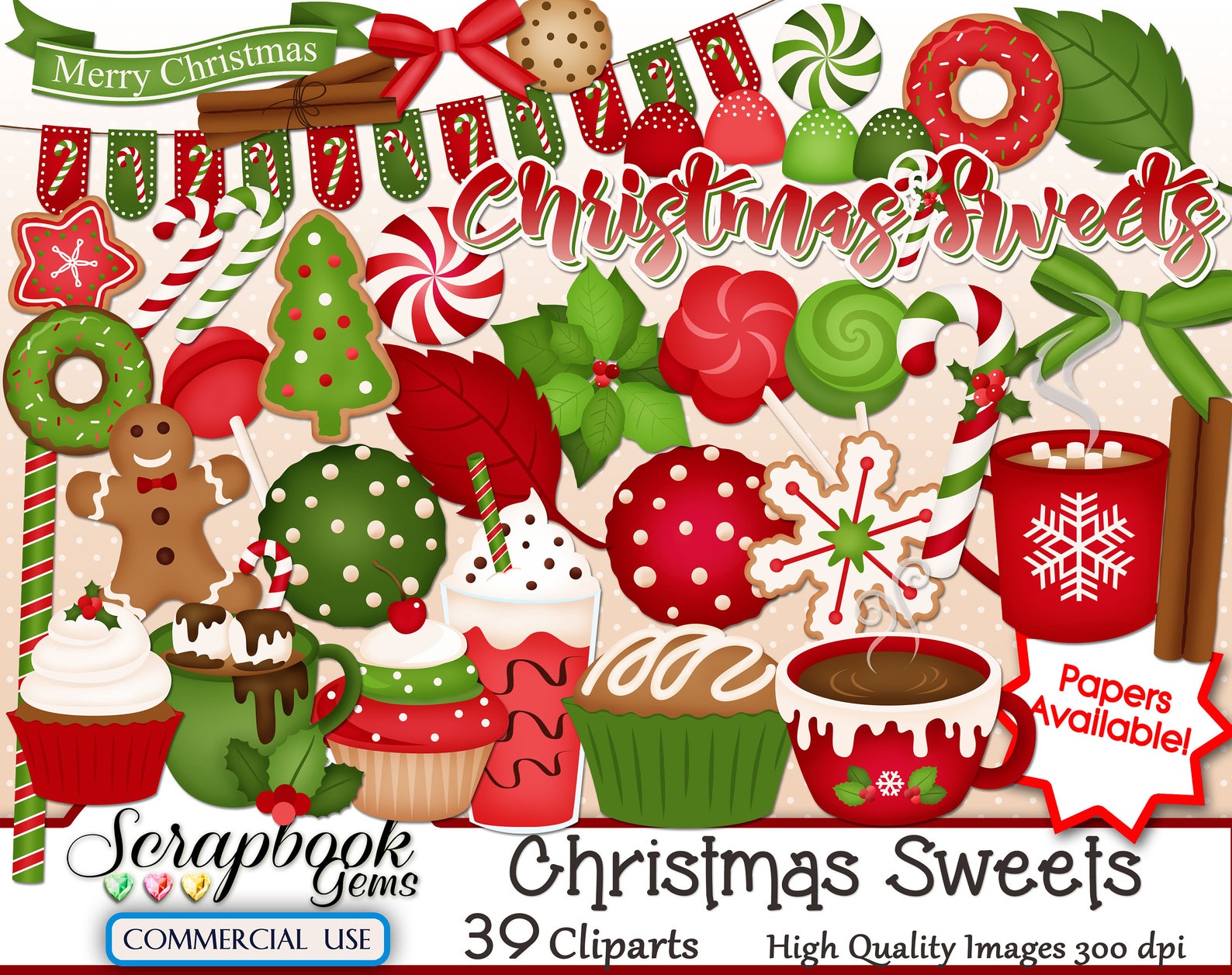 CHRISTMAS SWEETS Clipart & Papers Kit 39 Png Clipart Files - Etsy