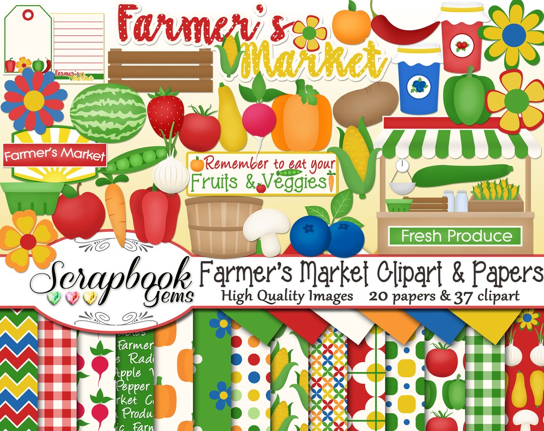 FARMER'S MARKET Clipart and Papers Kit, 37 Png Clip Arts, 20 Jpeg ...