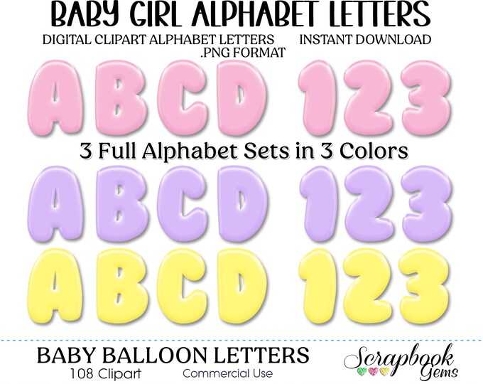 Cute Alphabet for Children PNG Baby Shower Letters Clipart Adorable ...