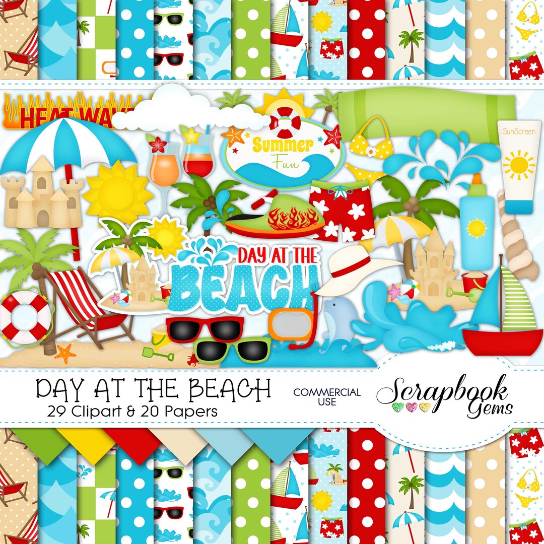 Day at the Beach Clipart & Papers Kit, 29 Png Clipart Files, 20 Jpeg ...