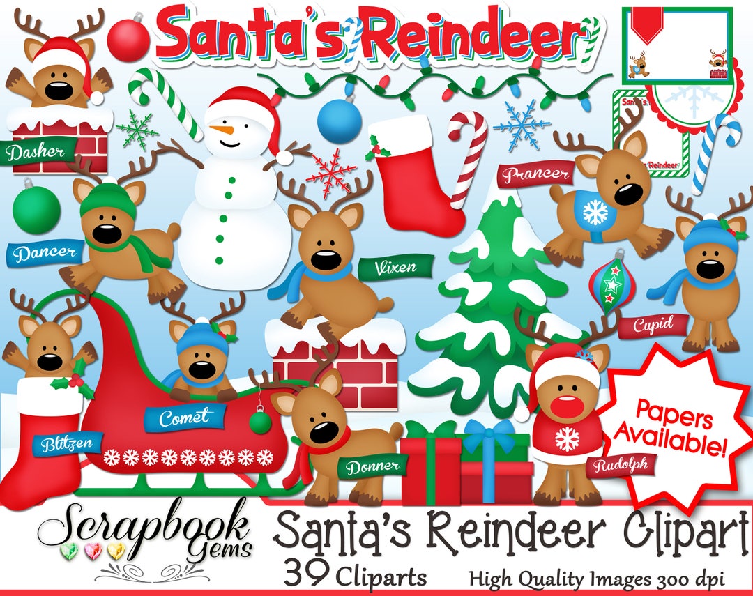 SANTA'S REINDEER Clipart, 39 Png Clipart Files Instant Download Winter ...