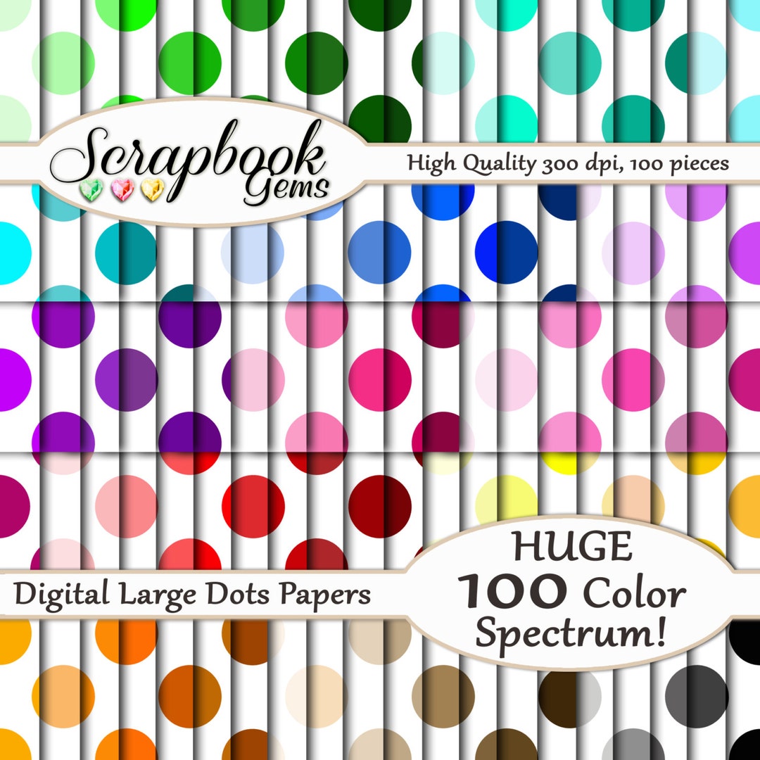 100 Colors Large Polka Dot Papers, 100 Pieces, 12" X 12", 300 Dpi High ...