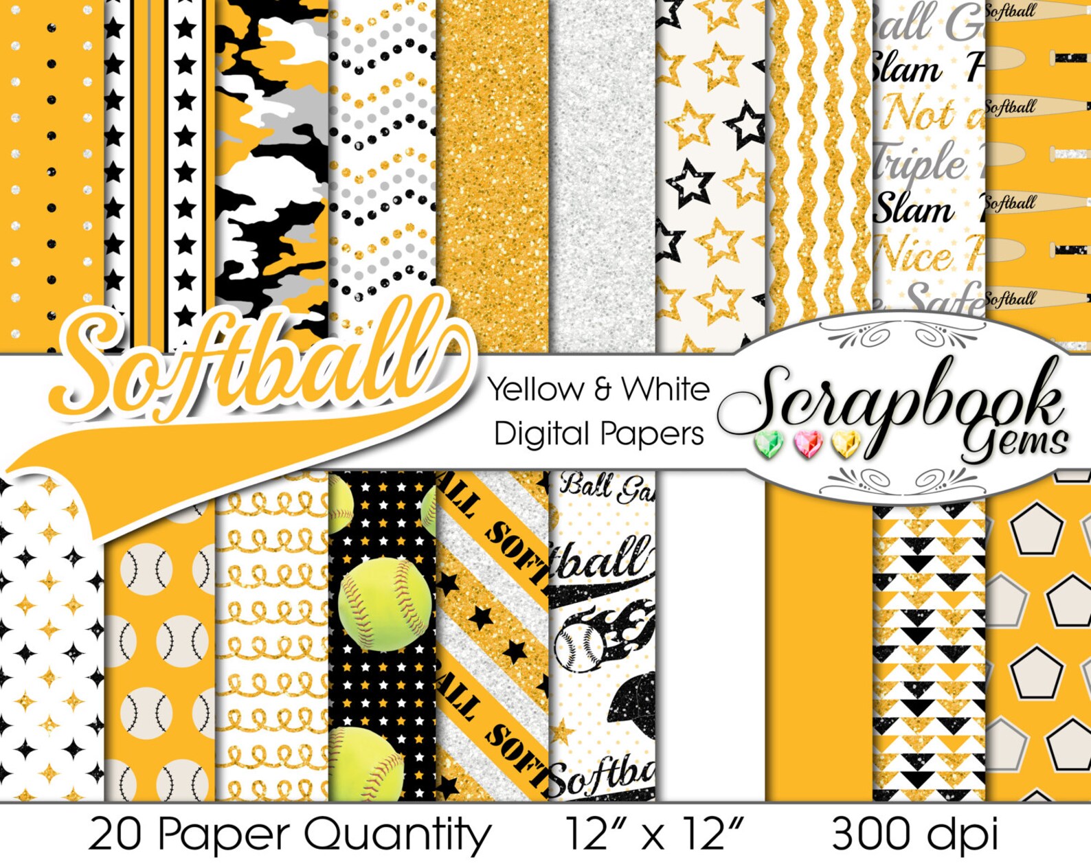 SOFTBALL Digital Papers Yellow White & Black 20 Pieces | Etsy