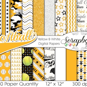 SOFTBALL Digital Papers Yellow, White, & Black, 20 Pieces, 12" X 12 ...