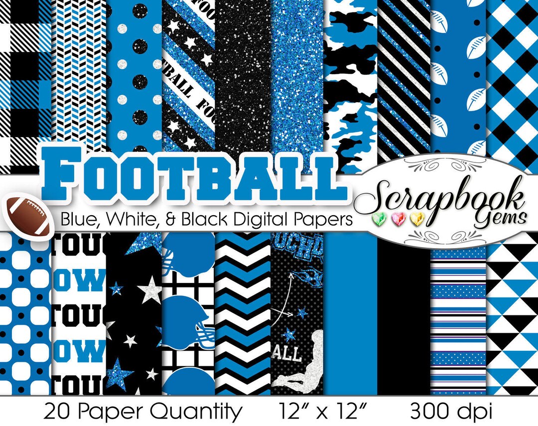 Football Digital Papers Blue, White, & Black, 20 Pieces, 12" X 12 ...