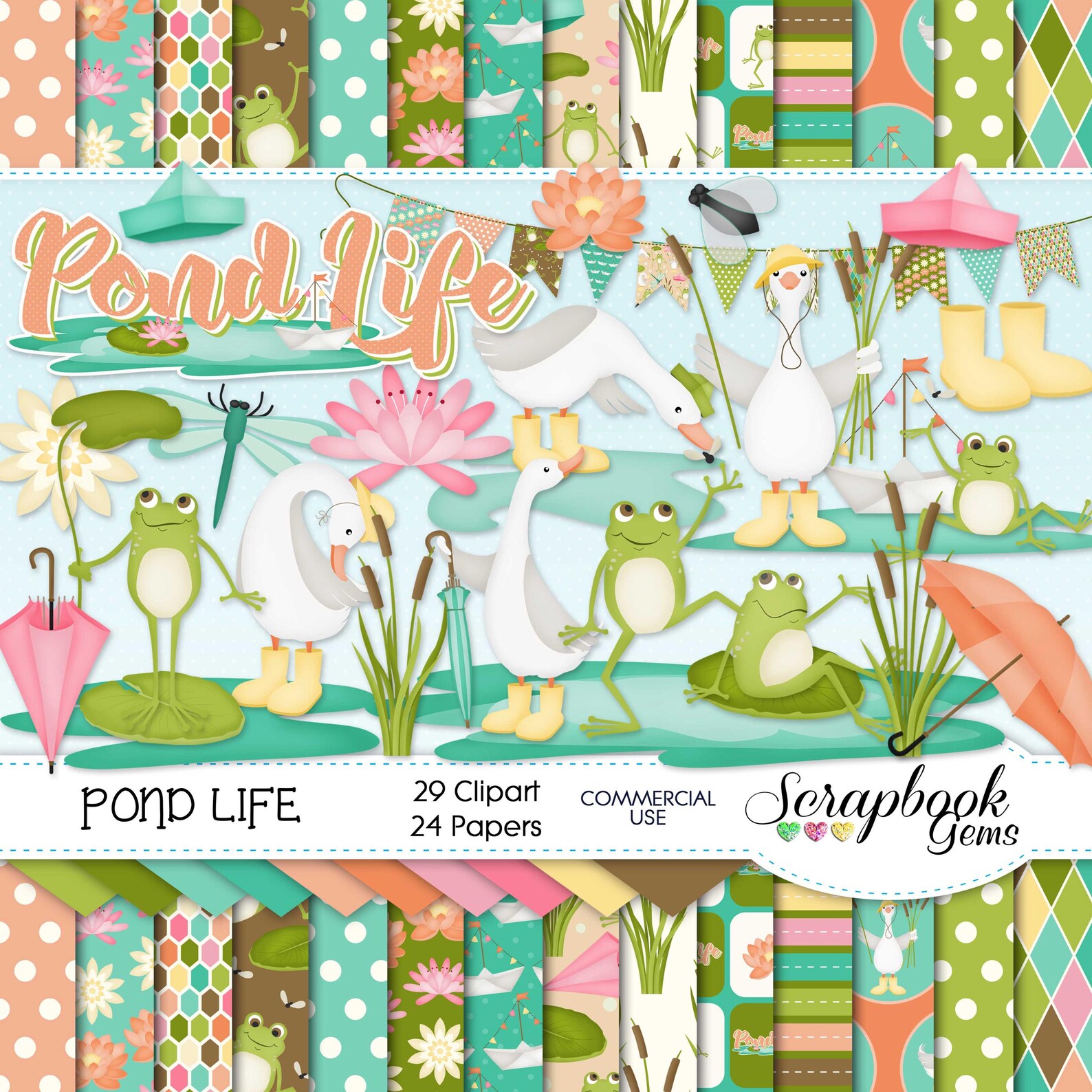 POND LIFE Clipart & Papers Kit, 29 Png Clipart Files, 24 Jpeg Paper ...