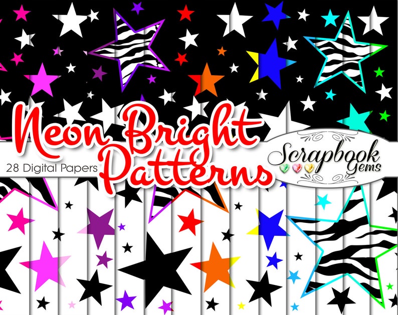 NEON BRIGHT Digital Tiger Stripe Stars Papers 28 Pieces | Etsy