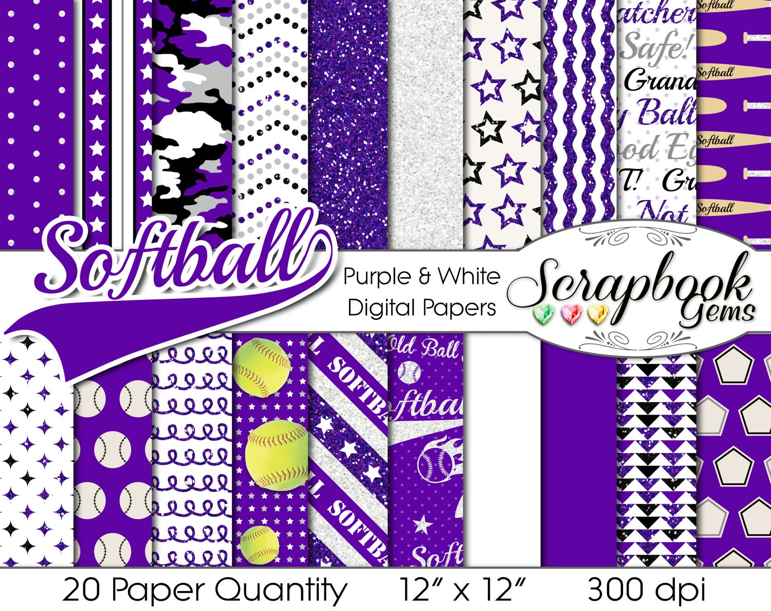 SOFTBALL Digital Papers Purple White & Black 20 Pieces | Etsy
