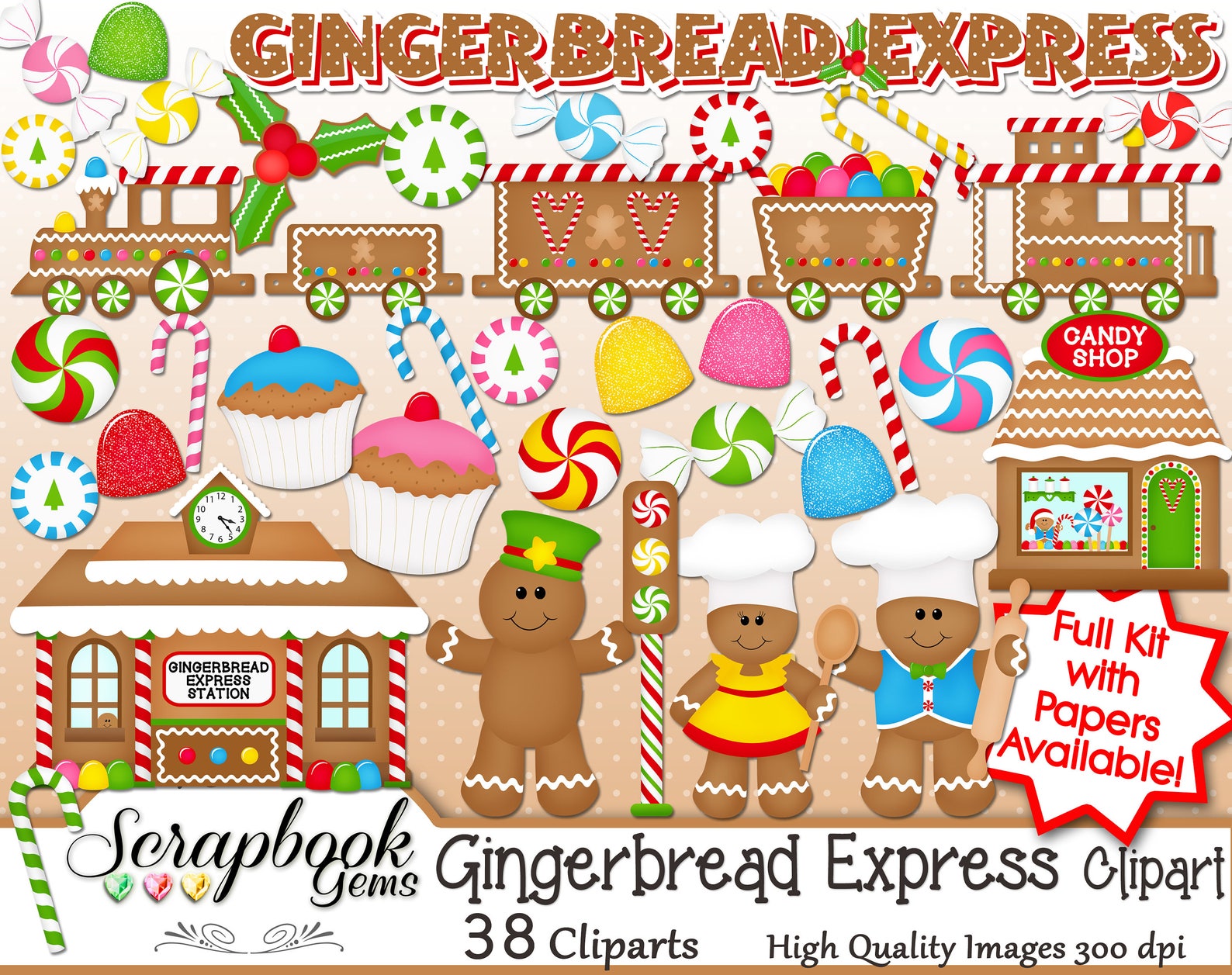 GINGERBREAD EXPRESS Clipart and Papers Kit 38 Png Clip Arts - Etsy
