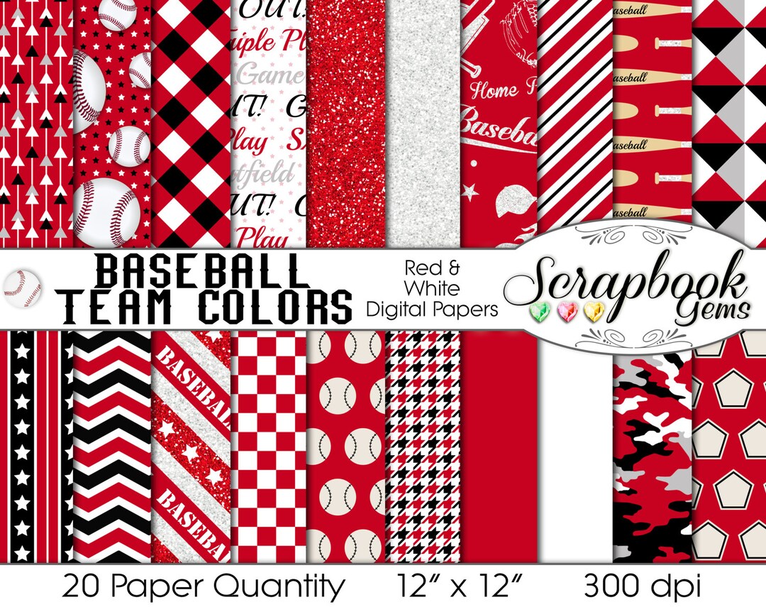 Baseball Digital Papers Red, White, & Black, 20 Pieces, 12" X 12", High ...