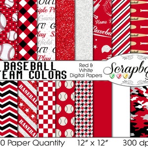Baseball Digital Papers Red, White, & Black, 20 Pieces, 12" X 12", High ...