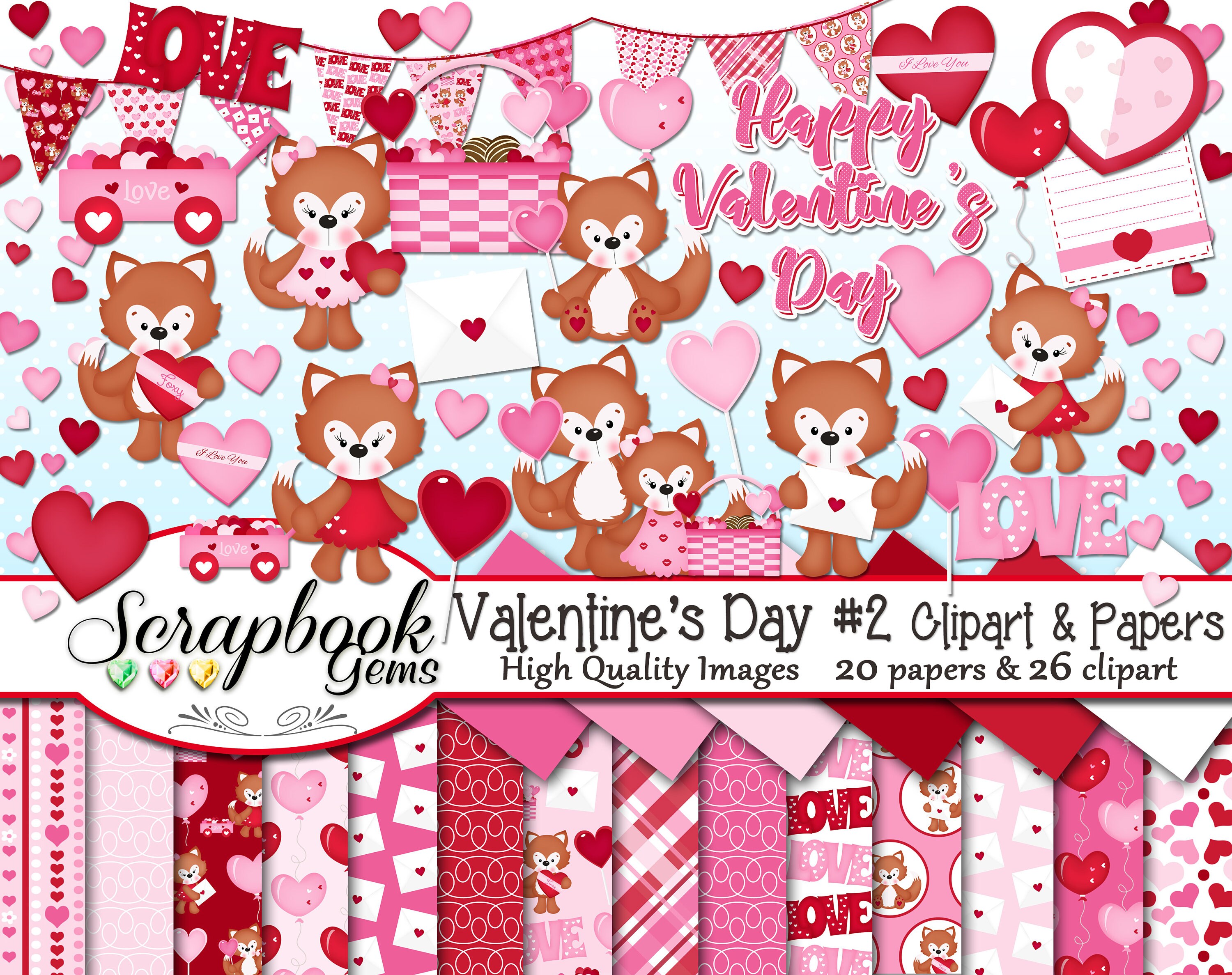 VALENTINE'S DAY BUNDLE - 2 Kits in 1, 50 Cliparts & 39 Papers, Instant ...