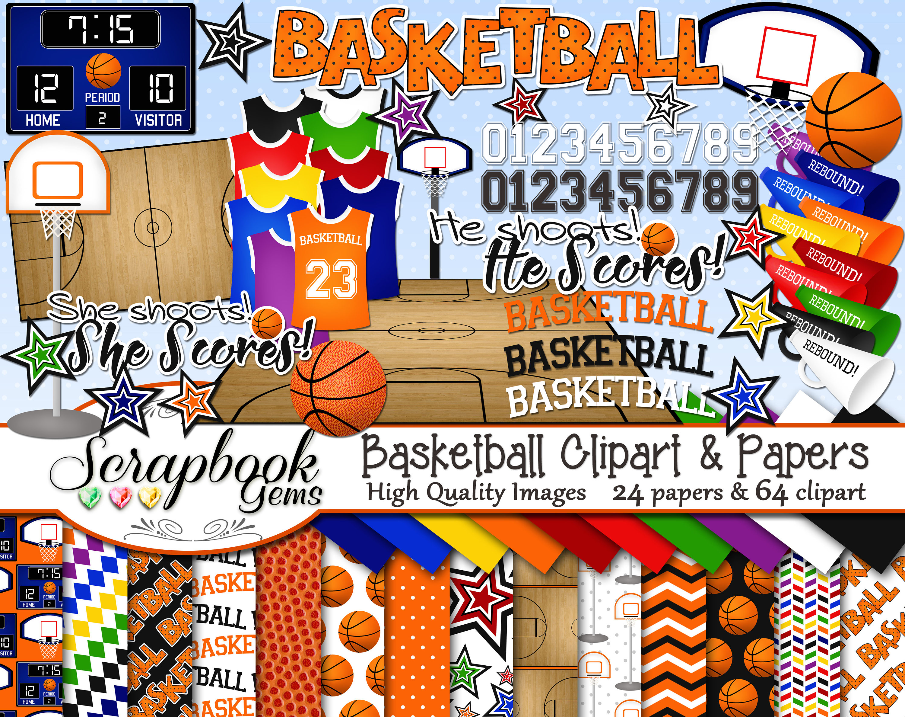 BASKETBALL Clipart and Papers Kit 64 png Clip Arts 24 jpeg | Etsy