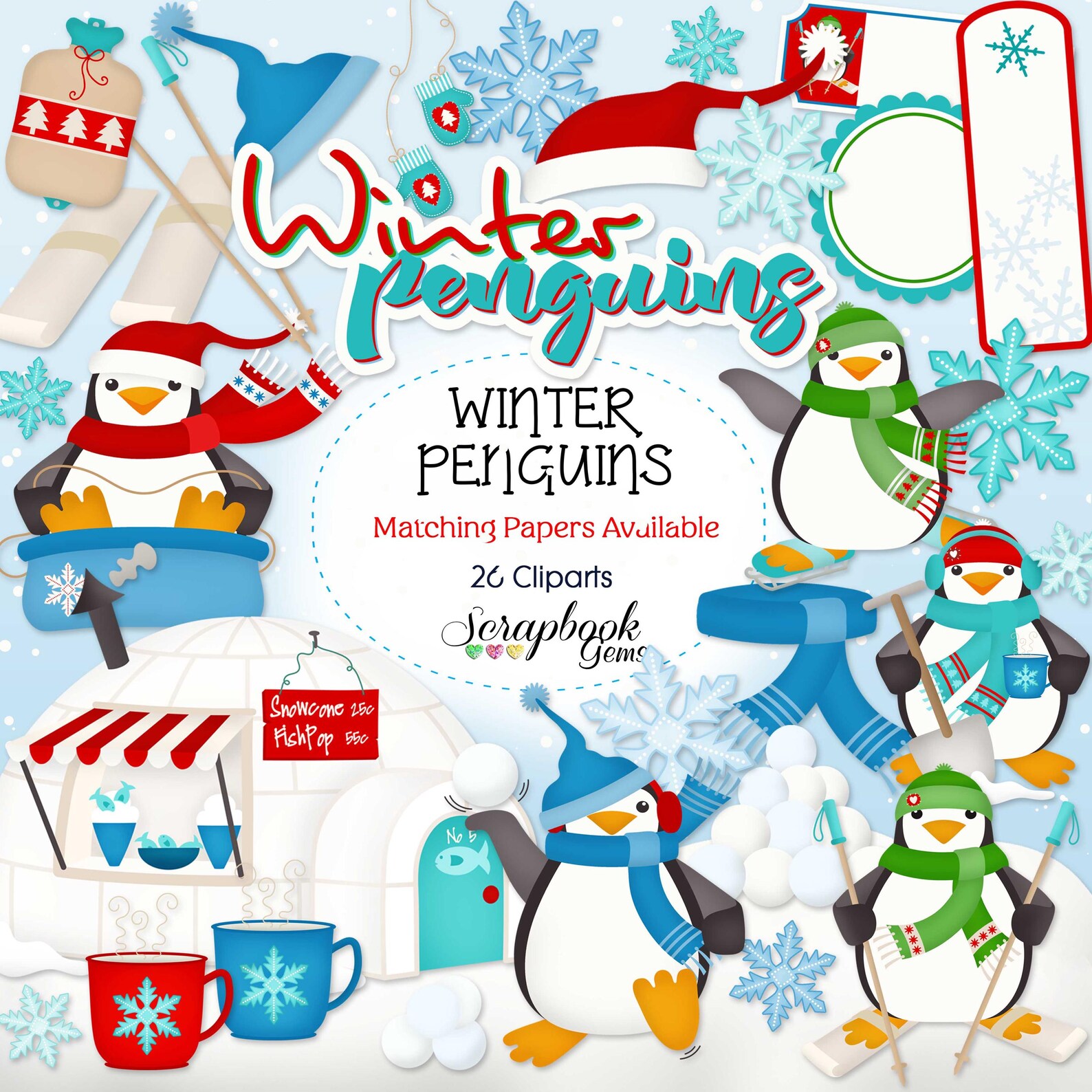 WINTER PENGUINS Clipart and Papers Kit, 26 Png Clip Arts, 23 Jpeg ...