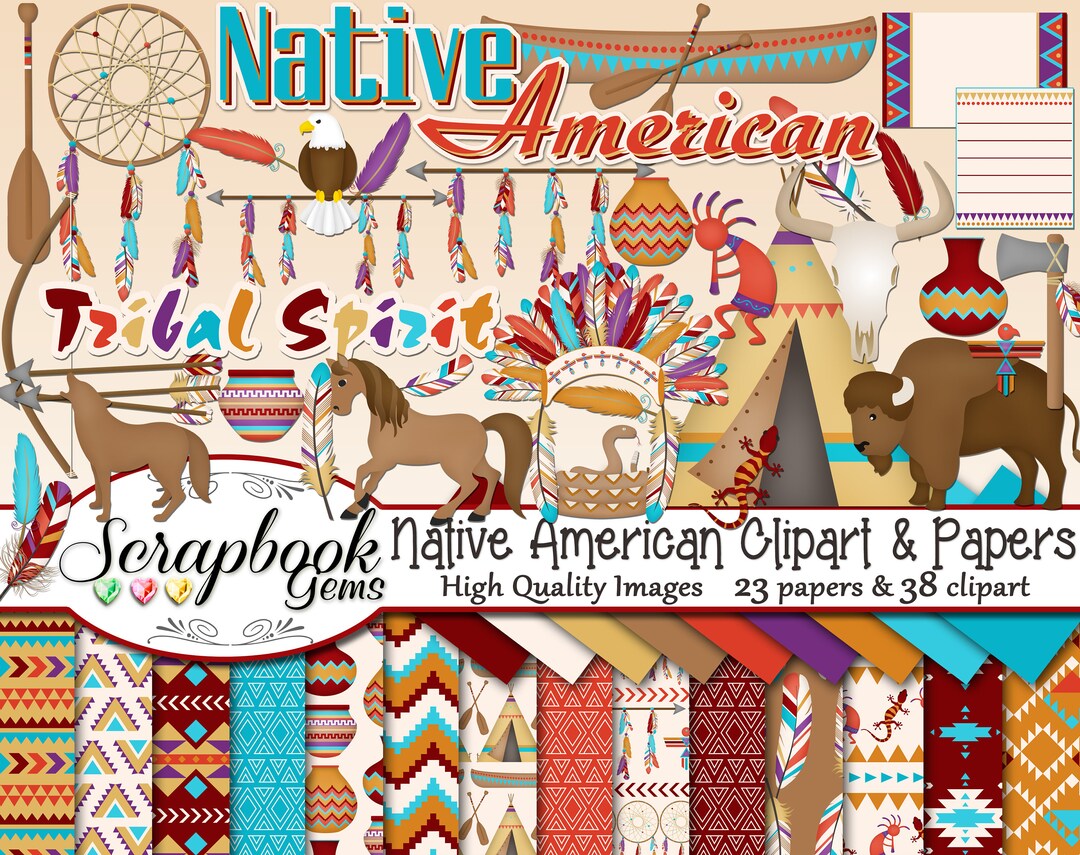 NATIVE AMERICAN Clipart and Papers Kit, 38 Png Clip Arts, 23 Jpeg ...
