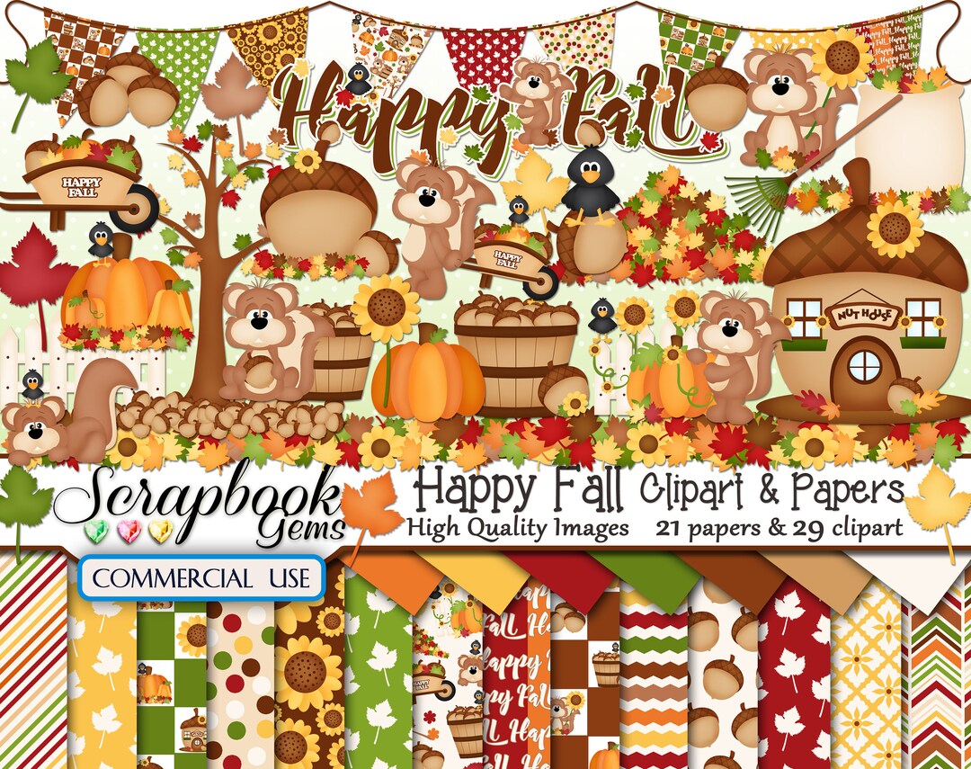 HAPPY FALL Clipart & Papers Kit, 29 Png Clipart Files, 21 Jpeg Paper ...