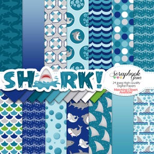 SHARK! Clipart & Papers Kit, 27 Png Clipart Files, 24 Jpeg Paper Files ...