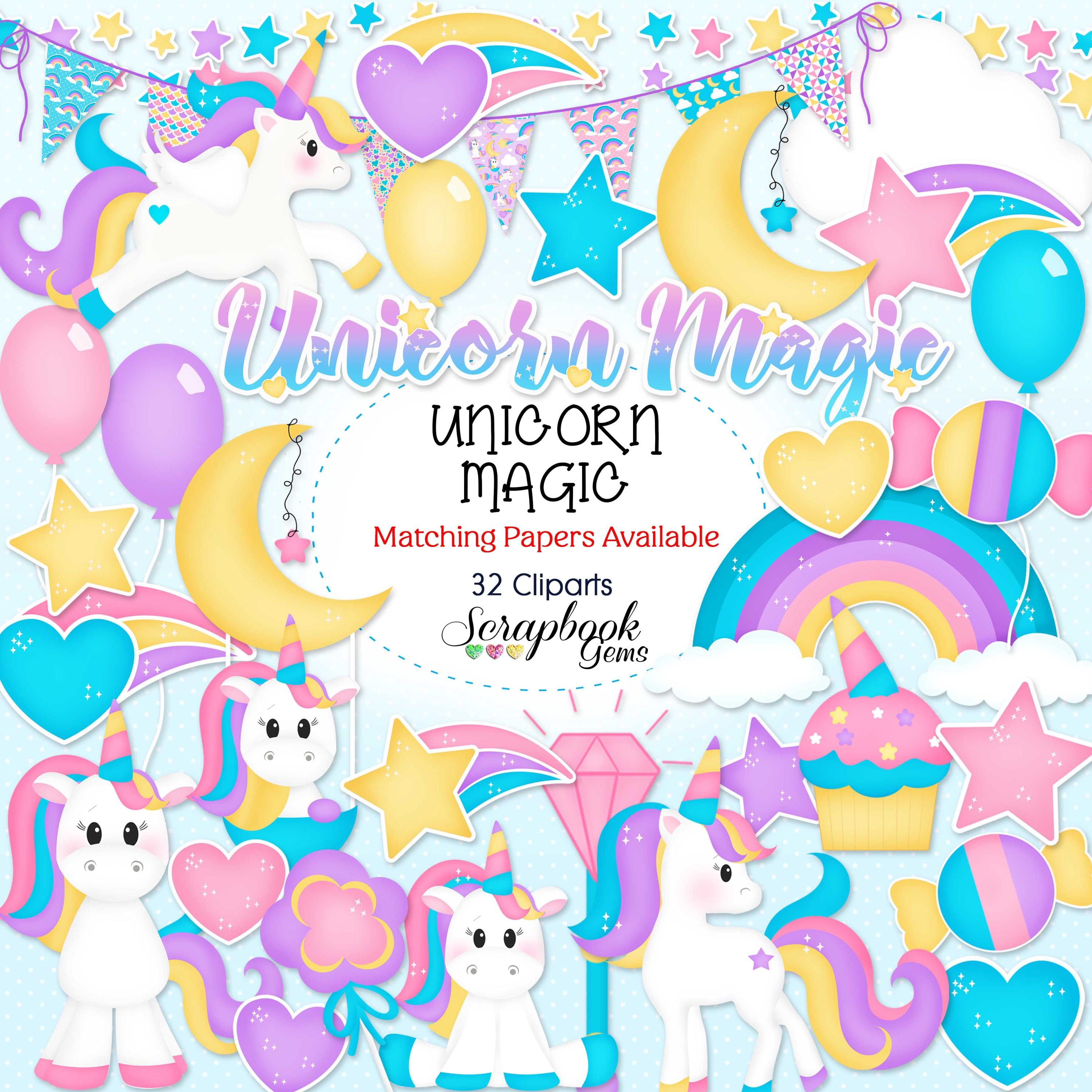 UNICORN MAGIC Clipart & Papers Kit, 32 Png Clipart Files, 19 Jpeg Paper ...