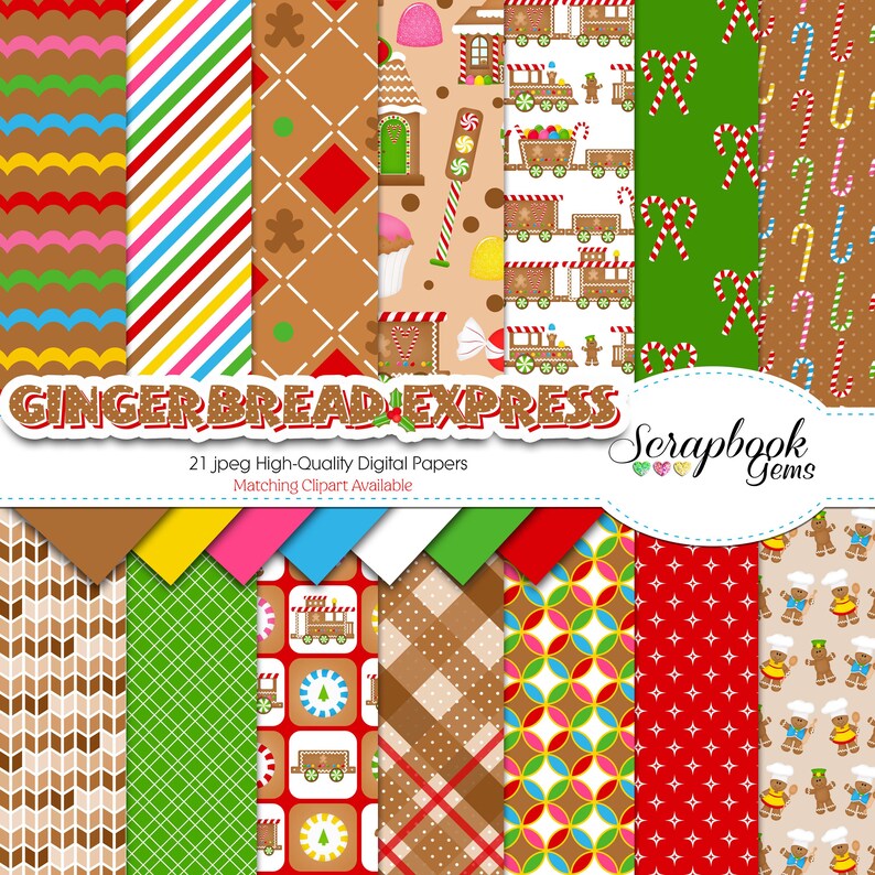 GINGERBREAD EXPRESS Clipart and Papers Kit, 38 Png Clip Arts, 21 Jpeg ...