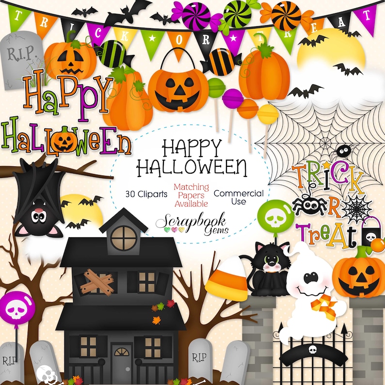 HAPPY HALLOWEEN Clipart & Papers Kit, 30 Png Clipart Files, 20 Jpeg ...