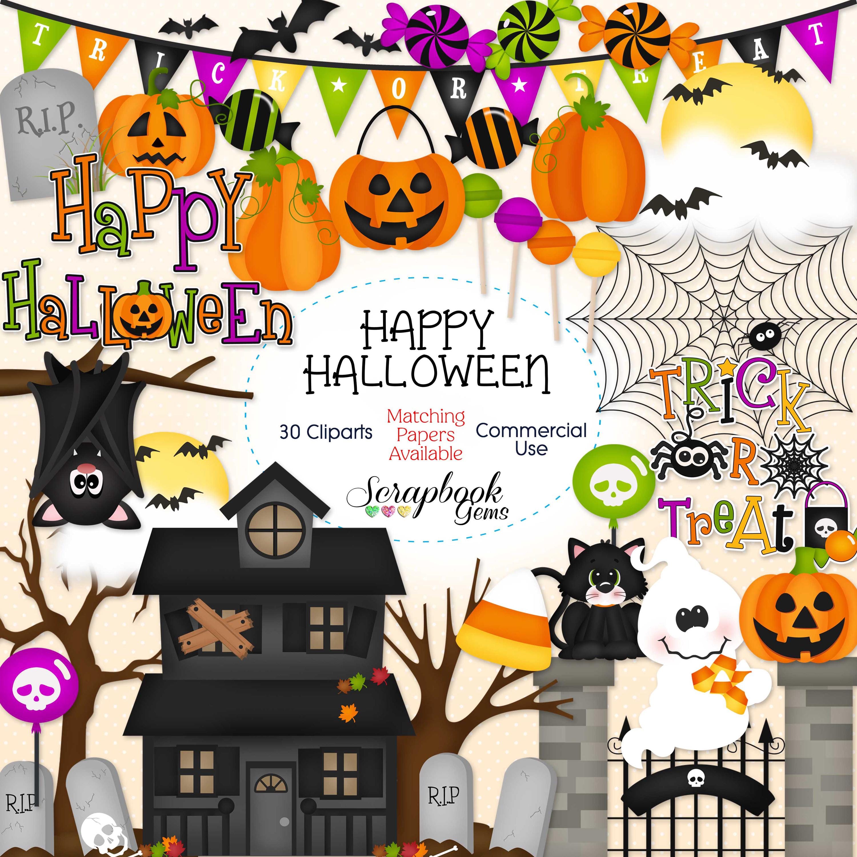 Happy Halloween Clipart And Papers Kit 30 Png Clipart Files 20 Jpeg
