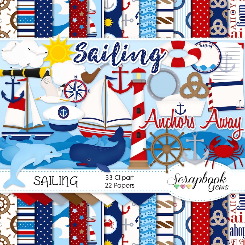 SAILING Clipart and Papers Kit, 33 Png Clip Arts, 22 Jpeg Papers ...