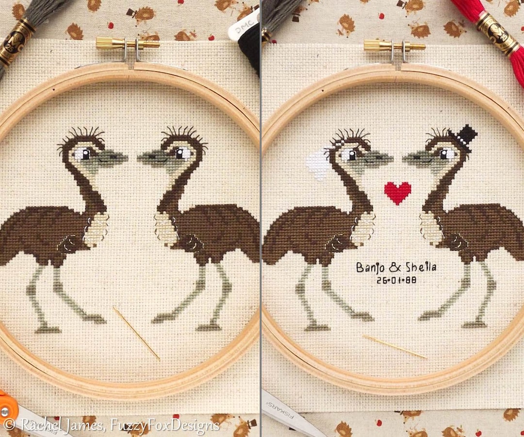 Emu Pair Cross Stitch Pattern PDF | Personalised Wedding Sampler | Cute ...