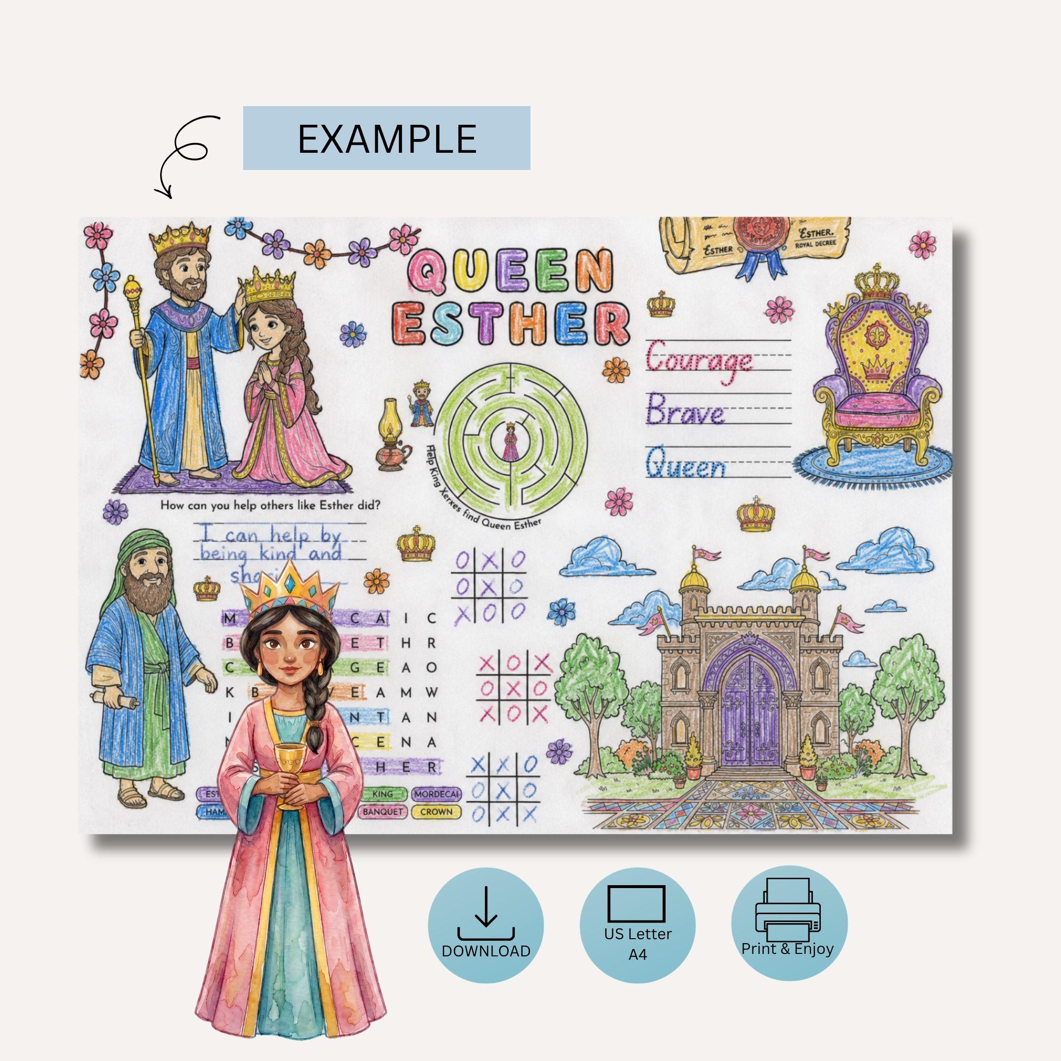 Queen Esther Coloring Page Printable for Kids | Bible Activity Placemat ...