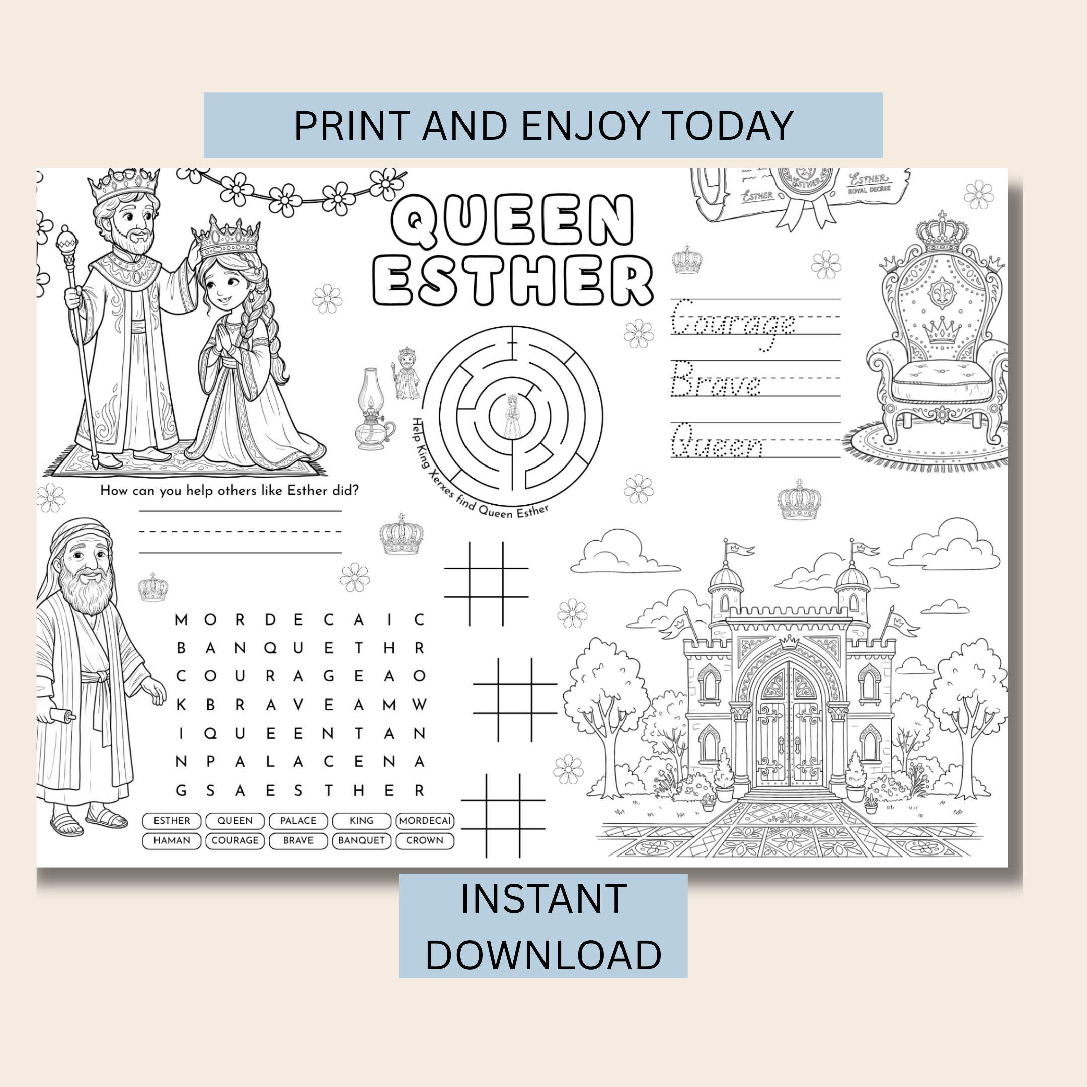 Queen Esther Coloring Page Printable for Kids | Bible Activity Placemat ...