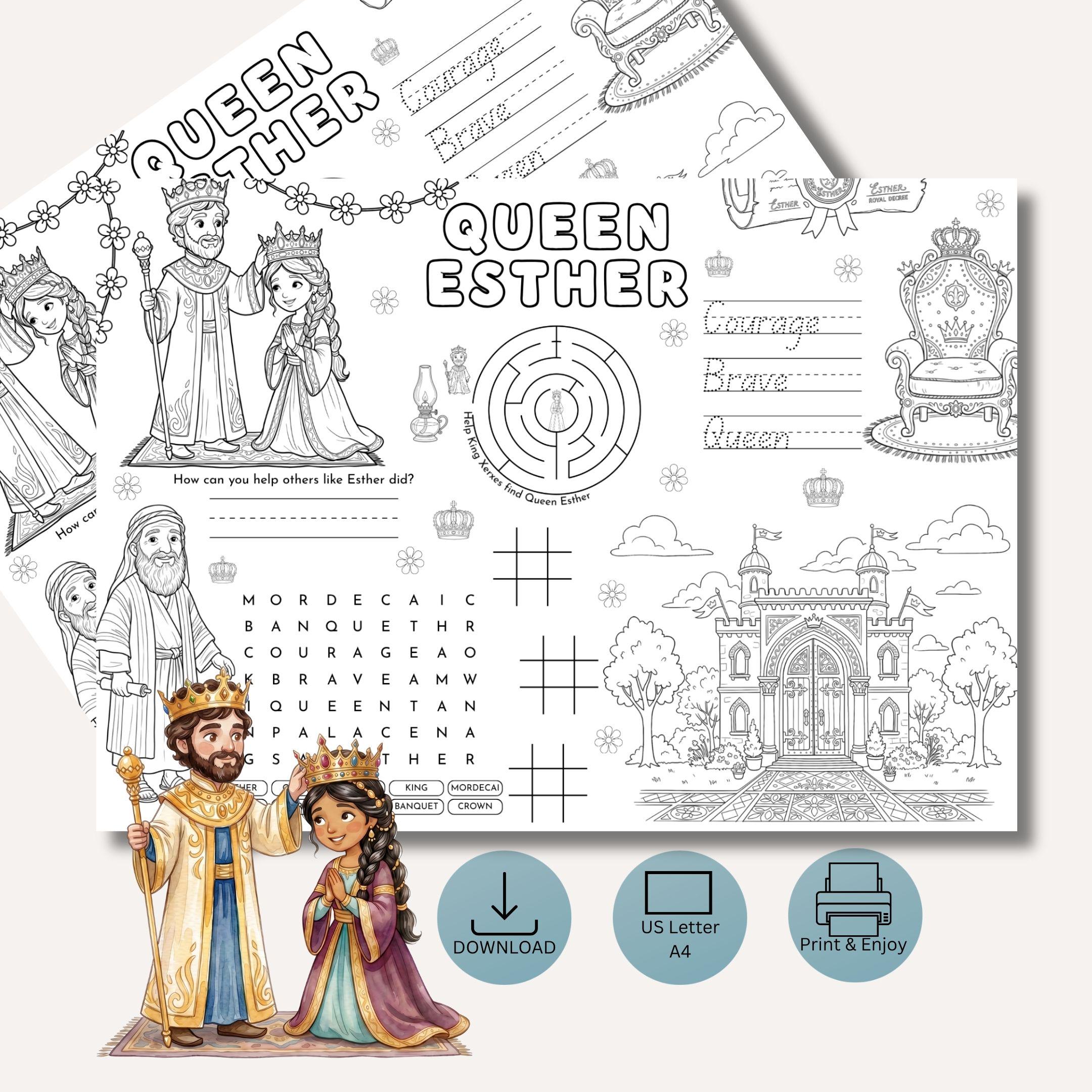 Queen Esther Coloring Page Printable for Kids | Bible Activity Placemat ...