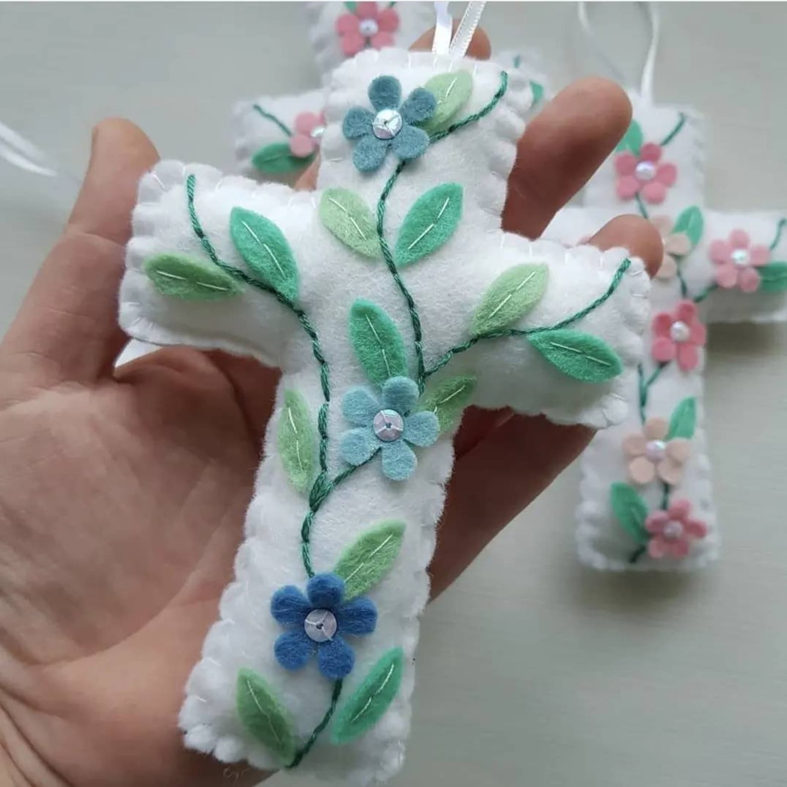 Flower Cross. White Felt Cross With Embroidered Vines and | Etsy