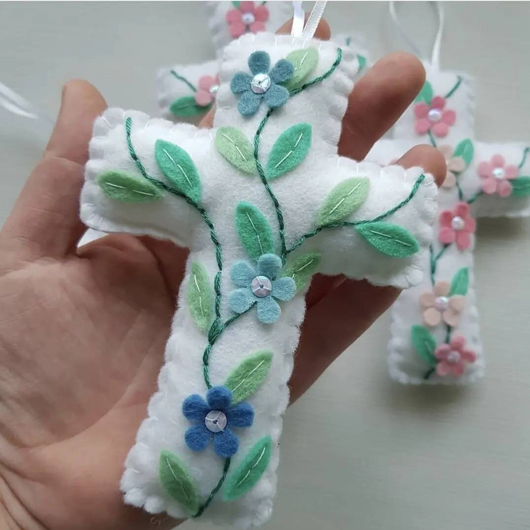 Flower Cross. White Felt Cross With Embroidered Vines and Flowers for ...